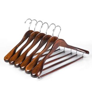 luxury wide shoulder wooden hangers 6 pack, with locking bar, smooth retro finish wood suit hanger coat hanger for closet, holds up to 20lbs, 360° swivel hook, for jacket, dress heavy clothes hangers