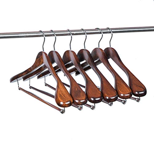 Luxury Wide Shoulder Wooden Hangers 6 Pack, with Locking Bar, Smooth Retro Finish Wood Suit Hanger Coat Hanger for Closet, Holds Up to 20lbs, 360° Swivel Hook, for Jacket, Dress Heavy Clothes Hangers