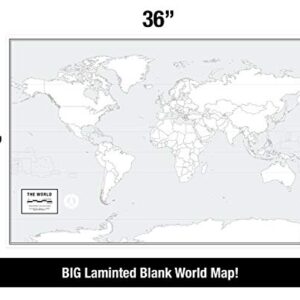 Large Blank World Outline Map Poster, Laminated, 36” x 24” | Great Blank Wall Map for Classroom or Home Study | Free Dry Erase Marker Included | Includes Detailed Laminated Answer Sheet | Learn Fast!