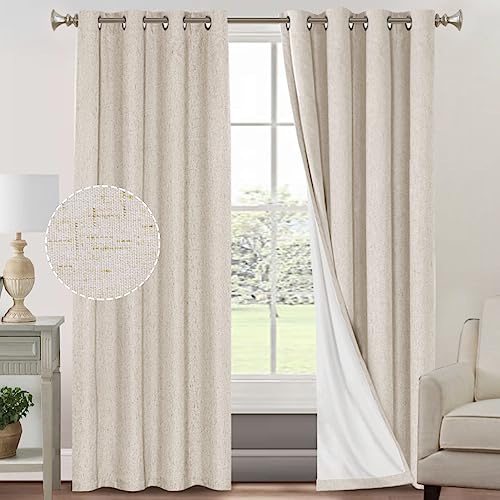 Primitive Textured Linen 100% Blackout Curtains for Bedroom/Living Room Energy Saving Window Treatment Curtain Drapes, Burlap Fabric with White Thermal Insulated Liner (2 Panels, 52 x 84 in, Natural)