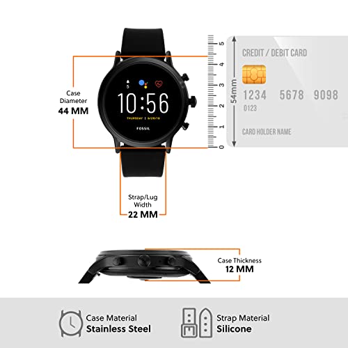 Fossil 44mm Gen 5 Carlyle Stainless and Silicone Touchscreen Smart Watch with Heart Rate, Color: Black (Model: FTW4025)