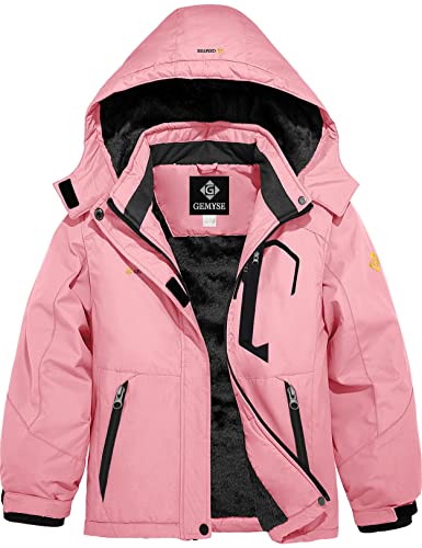 GEMYSE Girl's Waterproof Ski Snow Jacket Fleece Windproof Winter Jacket with Hood (Coral Pink,10/12)