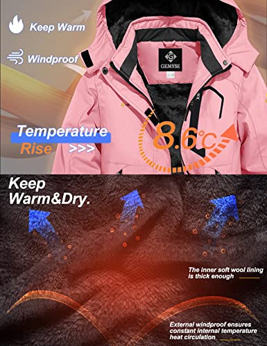 GEMYSE Girl's Waterproof Ski Snow Jacket Fleece Windproof Winter Jacket with Hood (Coral Pink,10/12)