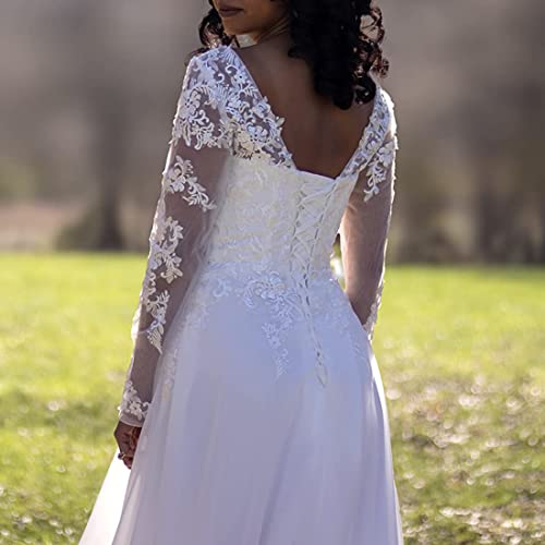 Findlovewedding Wedding Dresses for Bride 2023 with Lace Appliques Chiffon A Line Women Dress Long Sleeves Beach Bride Dress US4 Ivory