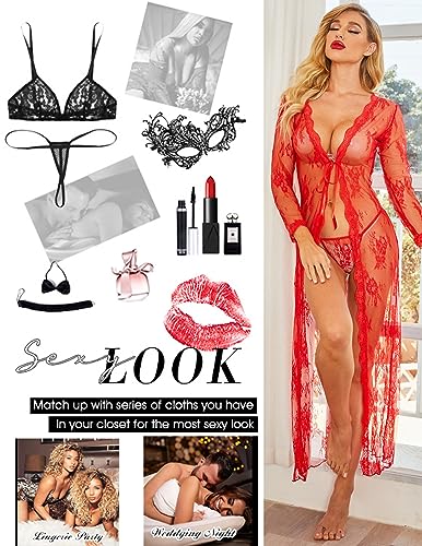 Avidlove Sexy Lingerie Robe for Women Lace Kimono Gown Bridal Babydoll Linngerie Red, M