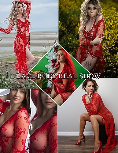 Avidlove Sexy Lingerie Robe for Women Lace Kimono Gown Bridal Babydoll Linngerie Red, M