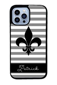 fleur de lis black and white personalized apple iphone black rubber phone case compatible with iphone 14 pro max, pro, max, iphone 13 pro max mini, 12 pro max mini, 11 pro max x xs max xr 8 7 plus