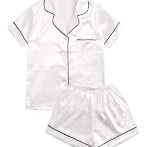 SweatyRocks Women's Short Sleeve Sleepwear Button Down Satin 2 Piece Pajama Set White Medium