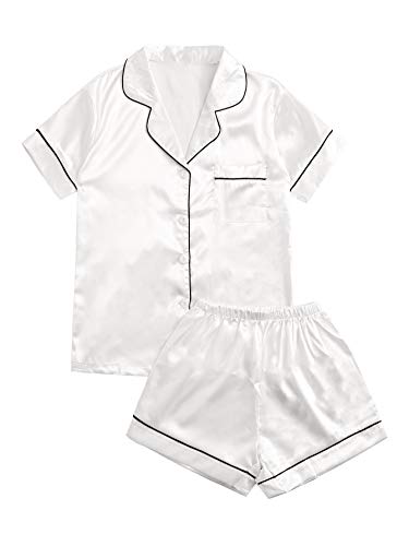 SweatyRocks Women's Short Sleeve Sleepwear Button Down Satin 2 Piece Pajama Set White Medium