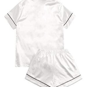 SweatyRocks Women's Short Sleeve Sleepwear Button Down Satin 2 Piece Pajama Set White Medium