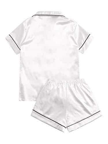 SweatyRocks Women's Short Sleeve Sleepwear Button Down Satin 2 Piece Pajama Set White Medium