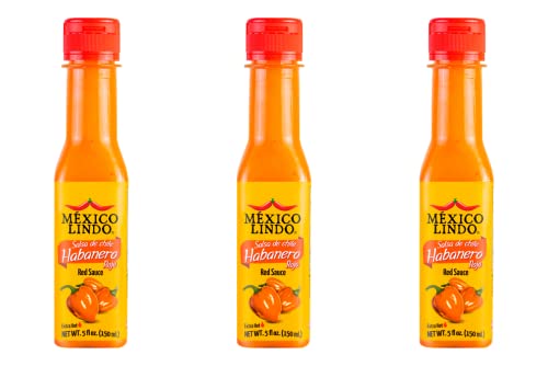 MEXICO LINDO Red Habanero Hot Sauce | Real Red Habanero Chili Pepper | 78,200 Scoville Level | Enjoy with Mexican Food, Seafood & Pasta | 5 Fl Oz Bottles (Pack of 3)