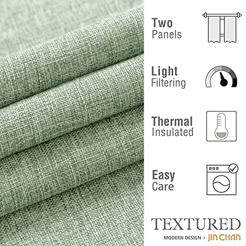 jinchan Linen Look Curtain Panels for Bedroom Heathered Green Textured Light Filtering Living Room Farmhouse Window Drapes 84 Inches Length 2 Panels