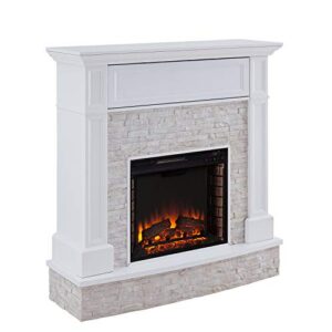 sei furniture jacksdale faux stone accent electric hidden media shelf fireplace, white