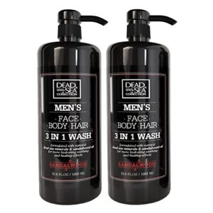 dead sea collection 3 in 1 body wash for men – sandalwood cleanser for body, hair and face - pack of 2 bottles (33,8 fl. oz. each)