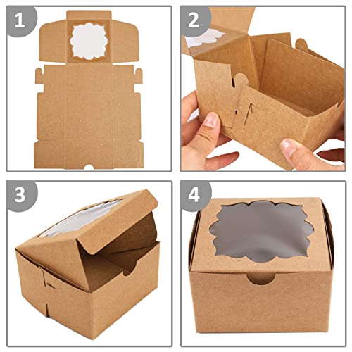 NPLUX 50pcs Cookie Boxes with Window Bakery Boxes Small Treat Boxes Mini Pie Boxes Pastry Boxes 4x4x2.5in(Brown)