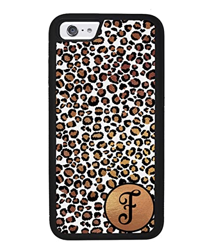 White Gold Foil Leopard Personalized Initial Apple iPhone Black Rubber Phone Case Compatible with iPhone 14 Pro Max, Pro, Max, iPhone 13 Pro Max Mini, 12 Pro Max Mini, 11 Pro Max X XS Max XR 8 7 Plus