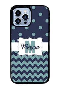 teal dark blue polka dot chevron personalized apple iphone black rubber phone case compatible with iphone 14 pro max, pro, max, iphone 13 pro max mini, 12 pro max mini, 11 pro max x xs max xr 8 7 plus