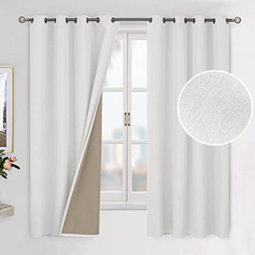 BGment Linen Textured 100% Blackout Curtains for Bedroom, Grommet Double Layers Thermal Insulation Room Darkening Curtains with Liner for Living Room, 2 Panels, 52 x 63 Inches, Off White