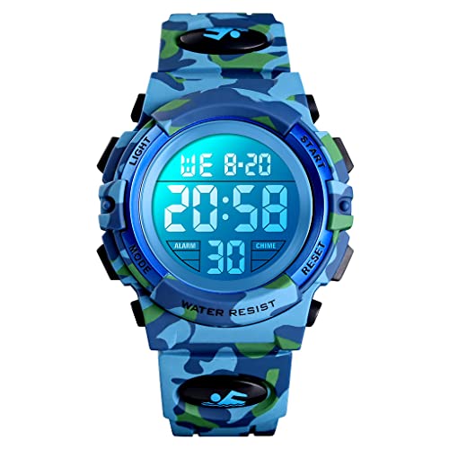 Dayllon Boys Watch Digital Sports 50M Waterproof Watches Boys Girls Children Analog Quartz Wristwatch with Alarm - Camo Blue