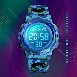 Dayllon Boys Watch Digital Sports 50M Waterproof Watches Boys Girls Children Analog Quartz Wristwatch with Alarm - Camo Blue