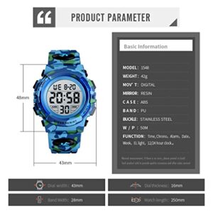 Dayllon Boys Watch Digital Sports 50M Waterproof Watches Boys Girls Children Analog Quartz Wristwatch with Alarm - Camo Blue