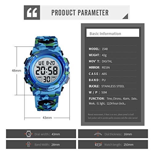 Dayllon Boys Watch Digital Sports 50M Waterproof Watches Boys Girls Children Analog Quartz Wristwatch with Alarm - Camo Blue