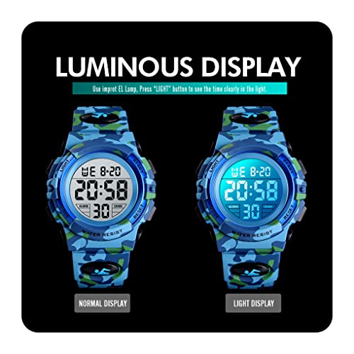 Dayllon Boys Watch Digital Sports 50M Waterproof Watches Boys Girls Children Analog Quartz Wristwatch with Alarm - Camo Blue