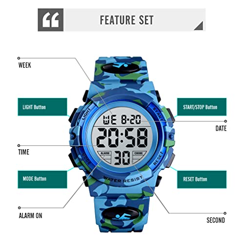 Dayllon Boys Watch Digital Sports 50M Waterproof Watches Boys Girls Children Analog Quartz Wristwatch with Alarm - Camo Blue