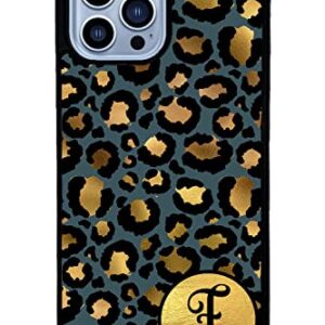 Blue Gold Foil Leopard Personalized Initial Apple iPhone Black Rubber Phone Case Compatible with iPhone 14 Pro Max, Pro, Max, iPhone 13 Pro Max Mini, 12 Pro Max Mini, 11 Pro Max X XS Max XR 8 7 Plus