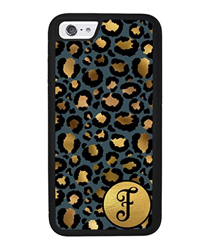 Blue Gold Foil Leopard Personalized Initial Apple iPhone Black Rubber Phone Case Compatible with iPhone 14 Pro Max, Pro, Max, iPhone 13 Pro Max Mini, 12 Pro Max Mini, 11 Pro Max X XS Max XR 8 7 Plus