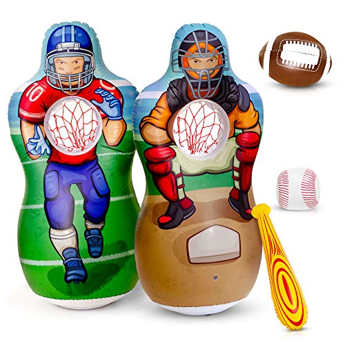 Super Pumped! Inflatable Double-Sided Baseball & Football Target Set - Blow Up Toy with Soft Football, Baseball & Inflatable Bat - Fun Toss Games for Indoor, Outdoor, Backyard & Party Favor - 5 Feet