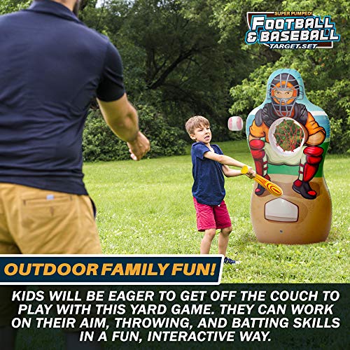 Super Pumped! Inflatable Double-Sided Baseball & Football Target Set - Blow Up Toy with Soft Football, Baseball & Inflatable Bat - Fun Toss Games for Indoor, Outdoor, Backyard & Party Favor - 5 Feet