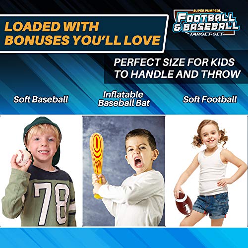 Super Pumped! Inflatable Double-Sided Baseball & Football Target Set - Blow Up Toy with Soft Football, Baseball & Inflatable Bat - Fun Toss Games for Indoor, Outdoor, Backyard & Party Favor - 5 Feet