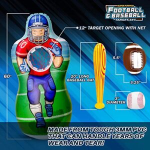 Super Pumped! Inflatable Double-Sided Baseball & Football Target Set - Blow Up Toy with Soft Football, Baseball & Inflatable Bat - Fun Toss Games for Indoor, Outdoor, Backyard & Party Favor - 5 Feet