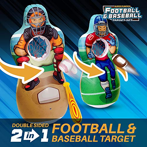 Super Pumped! Inflatable Double-Sided Baseball & Football Target Set - Blow Up Toy with Soft Football, Baseball & Inflatable Bat - Fun Toss Games for Indoor, Outdoor, Backyard & Party Favor - 5 Feet