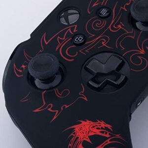 9CDeer 1 x Silicone Laser Carving Protective Cover Skin + 6 Thumb Grips for Xbox One S/X Controller Dragon Red