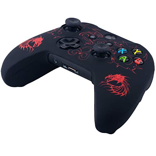 9CDeer 1 x Silicone Laser Carving Protective Cover Skin + 6 Thumb Grips for Xbox One S/X Controller Dragon Red