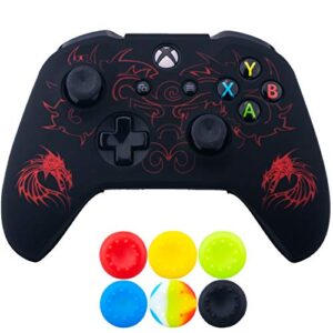 9CDeer 1 x Silicone Laser Carving Protective Cover Skin + 6 Thumb Grips for Xbox One S/X Controller Dragon Red