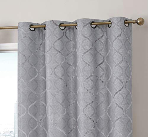 HLC.ME Versailles Lattice Flocked 100% Complete Blackout Thermal Insulated Window Curtain Grommet Panels - Energy Savings & Soundproof, For Living Room & Bedroom, Set of 2 (50 x 84 inches, Light Grey)