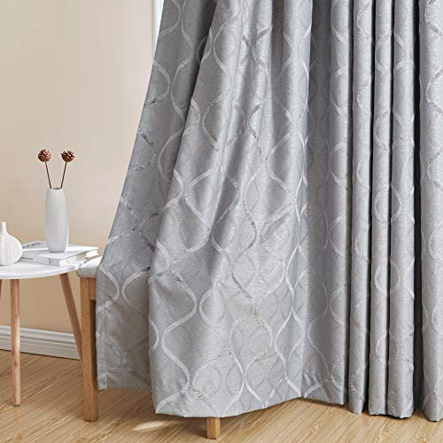 HLC.ME Versailles Lattice Flocked 100% Complete Blackout Thermal Insulated Window Curtain Grommet Panels - Energy Savings & Soundproof, For Living Room & Bedroom, Set of 2 (50 x 84 inches, Light Grey)