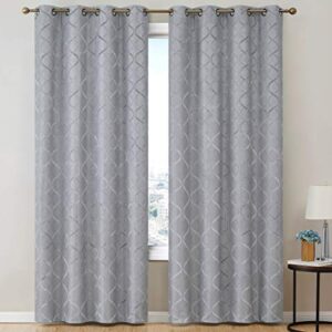 HLC.ME Versailles Lattice Flocked 100% Complete Blackout Thermal Insulated Window Curtain Grommet Panels - Energy Savings & Soundproof, For Living Room & Bedroom, Set of 2 (50 x 84 inches, Light Grey)