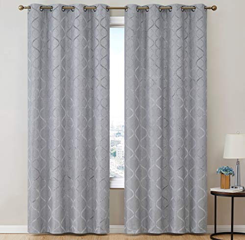 HLC.ME Versailles Lattice Flocked 100% Complete Blackout Thermal Insulated Window Curtain Grommet Panels - Energy Savings & Soundproof, For Living Room & Bedroom, Set of 2 (50 x 84 inches, Light Grey)