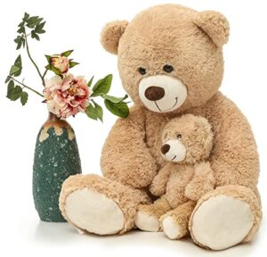 morismos giant teddy bear mommy and baby bear soft plush bear stuffed animal for teddy bear baby shower, tan, 39 inches