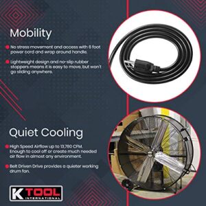 K Tool International 77742; 42” Belt Drive Drum Fan; Industrial Fan, Garage, Shop, High Speed 2-Speed, Durable, Cut-Off Protection, Easy Mobility Rubber Wheels; 1 Year Warranty, 14,800 Max CFM, Black