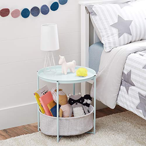 Amazon Basics Round Storage End Table, Side Table with Cloth Basket, Mint Green/Heather Gray, 18 in x 18 in x 19 in