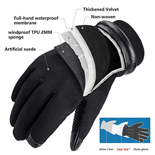 OZERO Insulated Work Gloves for Men Waterproof and Touch Screen Fingers Warm Cotton in Cold Weather Winter Black XL