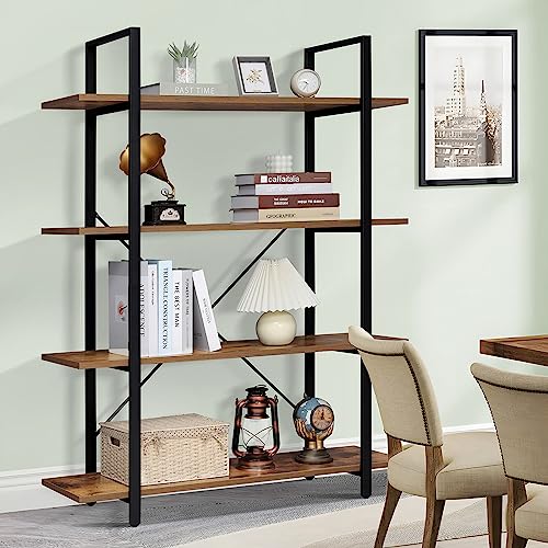 Iwell 4-Tier Bookshelf, Tall Bookcase with Metal Frame, Book Shelf, Open Display Shelves for Living Room, Bedroom, Home Office, Rustic Brown