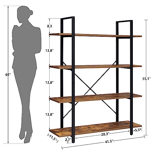 Iwell 4-Tier Bookshelf, Tall Bookcase with Metal Frame, Book Shelf, Open Display Shelves for Living Room, Bedroom, Home Office, Rustic Brown