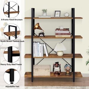 Iwell 4-Tier Bookshelf, Tall Bookcase with Metal Frame, Book Shelf, Open Display Shelves for Living Room, Bedroom, Home Office, Rustic Brown